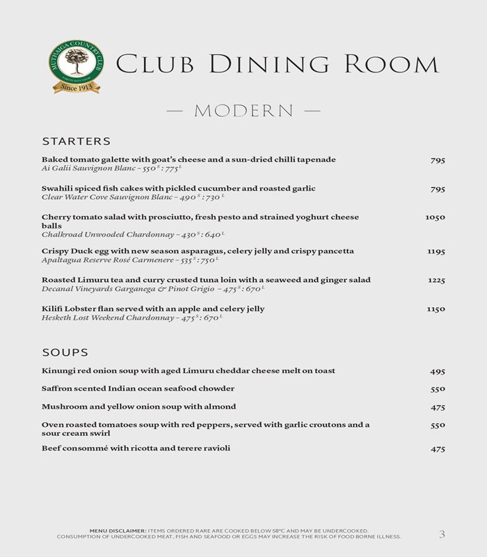Club Dining Room Menu - Muthaiga Country Club