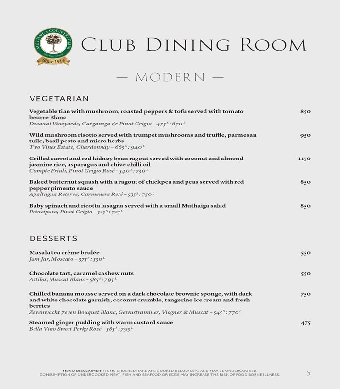 Club Dining Room Menu - Muthaiga Country Club