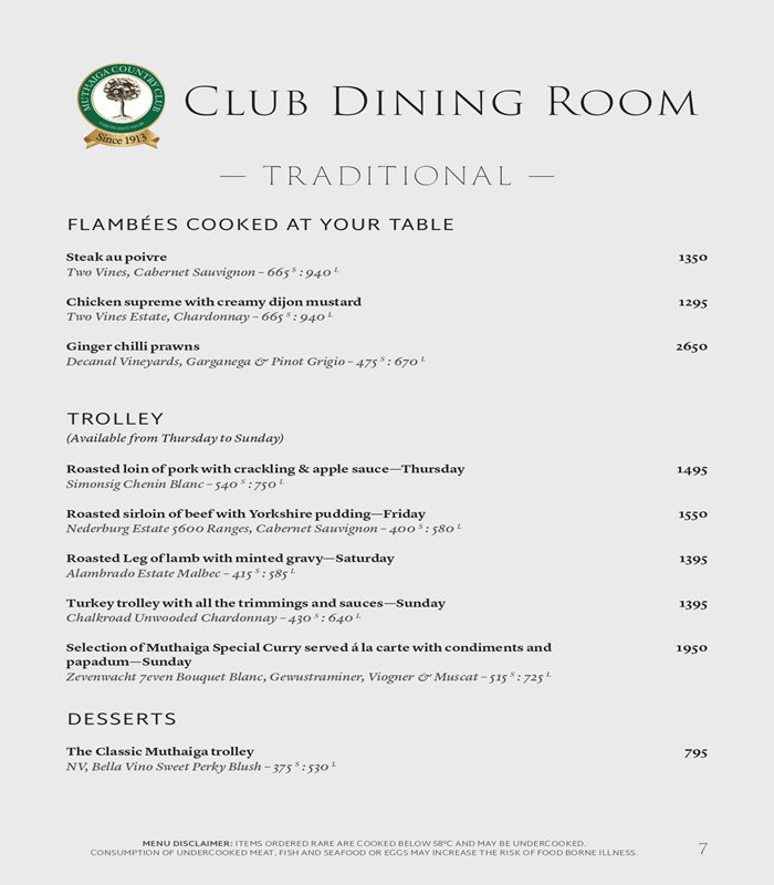 Club Dining Room Menu - Muthaiga Country Club
